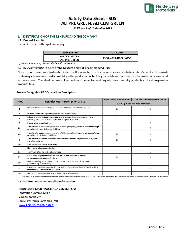 ALI PRE GREEN Safety Data Sheet | PDF | Dermatitis | Cement