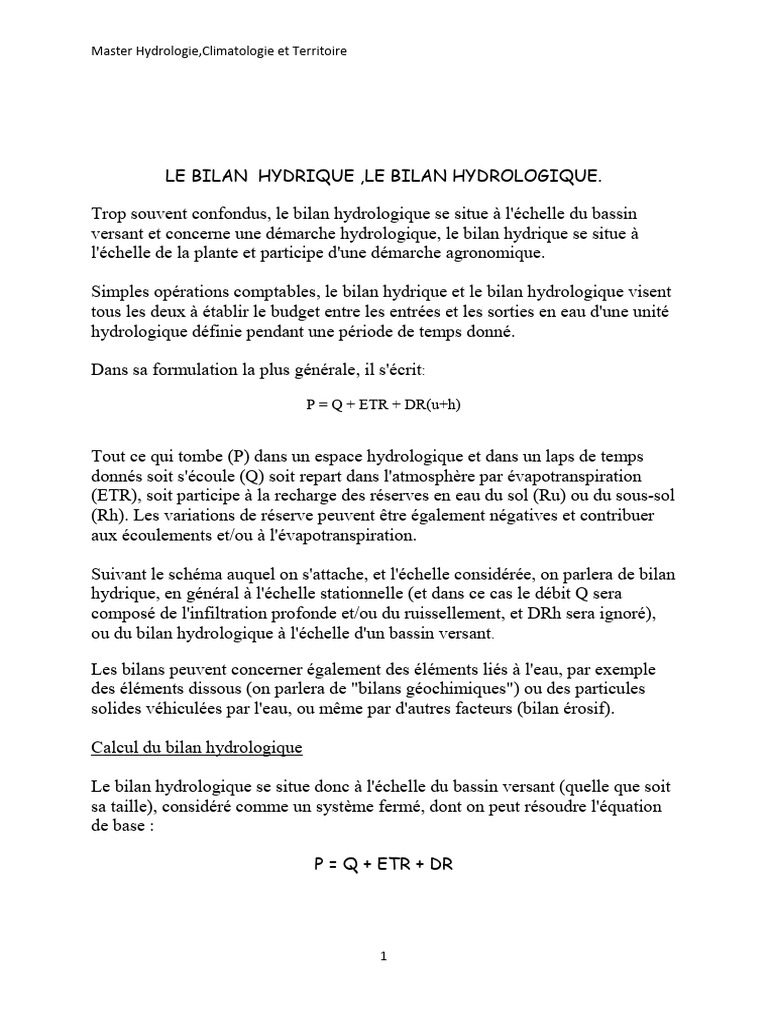 Bilan hydrique et hydrologique expliqué | PDF | Évapotranspiration ...