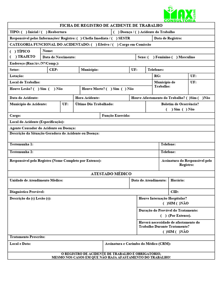 Ficha de Registro de Acidente de Trabalho - Editável | PDF
