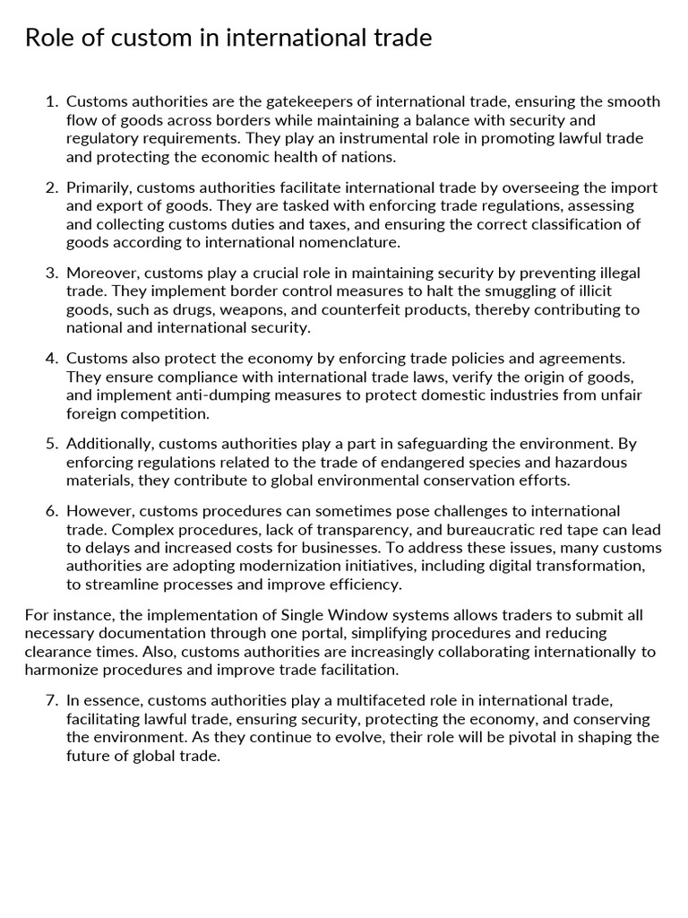 Role of Custom in International Trade | Download Free PDF | Customs ...