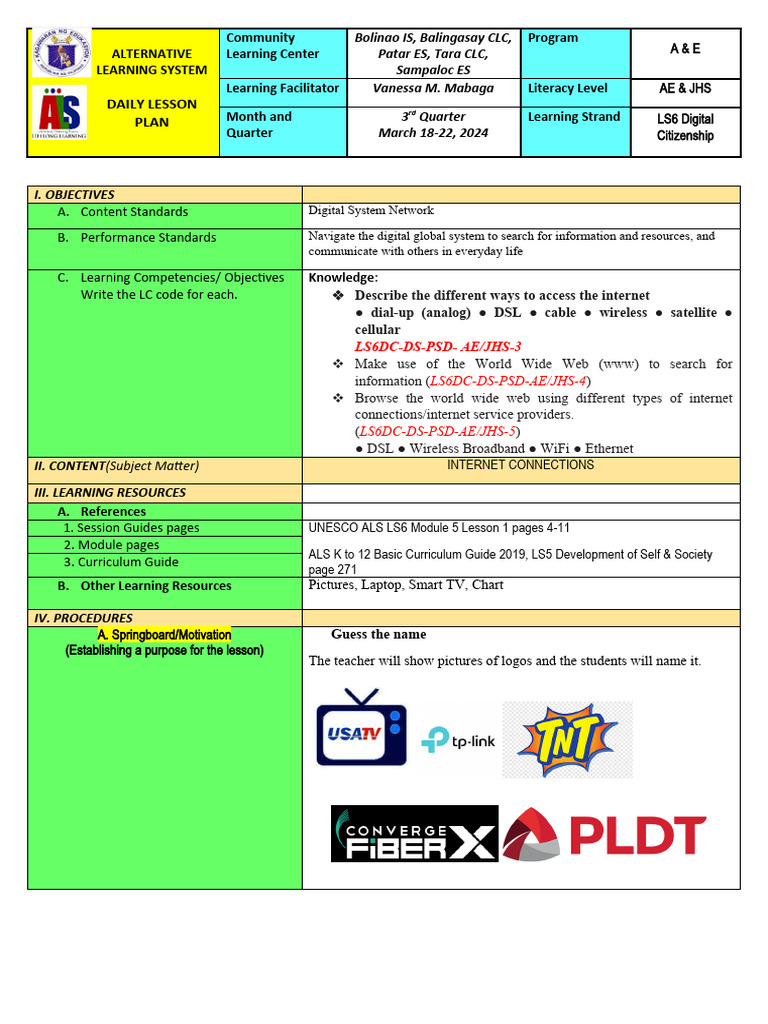 Daily Lesson Plan: Internet Access Methods | PDF | Internet | Internet ...
