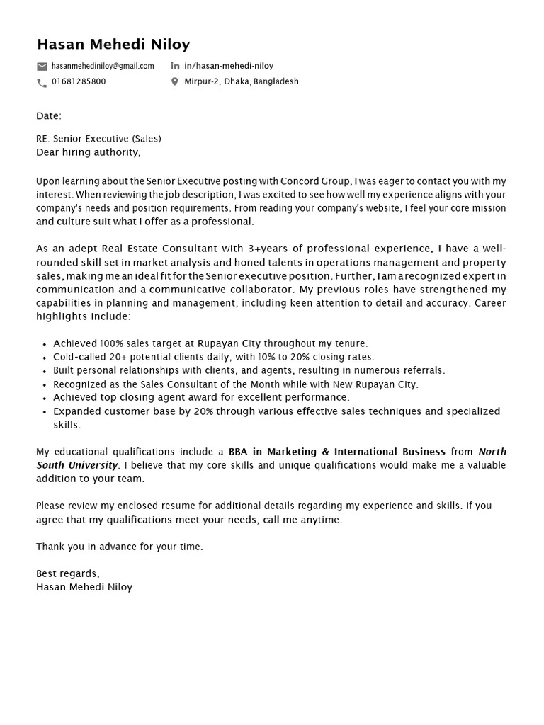 Cover Letter With Resume of Hasan Mehedi Niloy, Real Estate Consultant - PDF | PDF | Sales ...