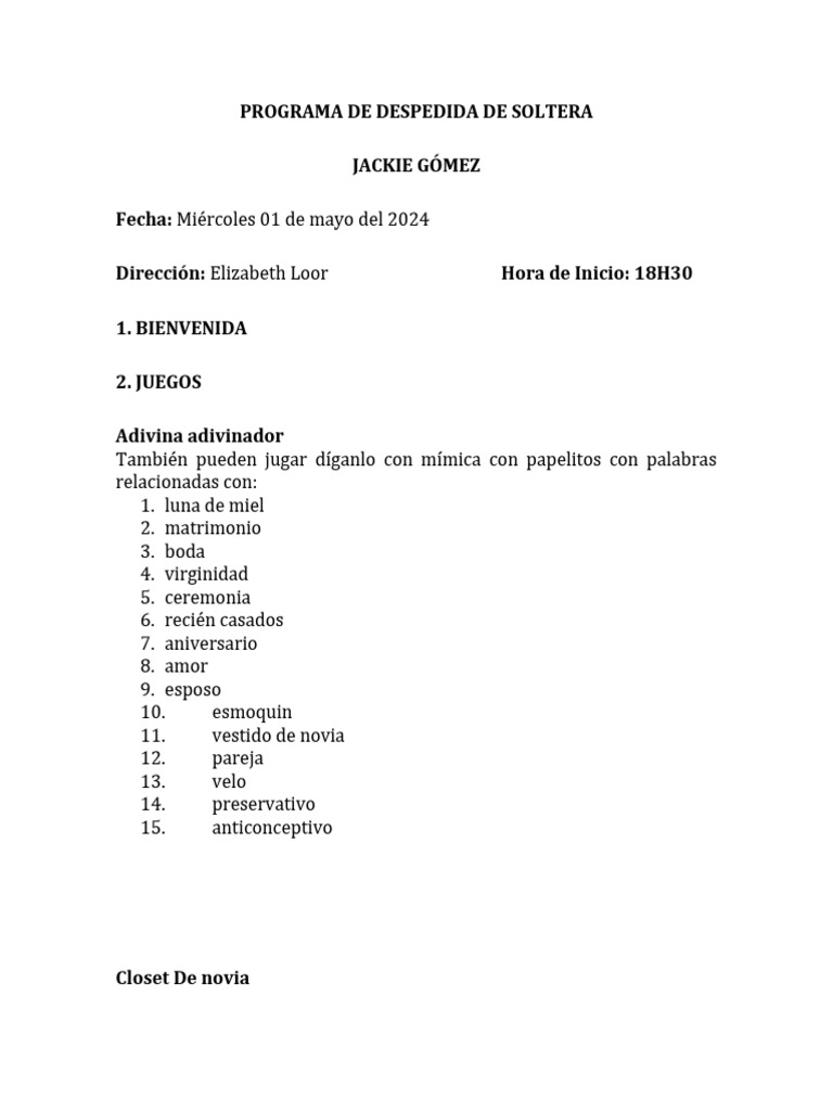 Programa de Despedida de Soltera | PDF