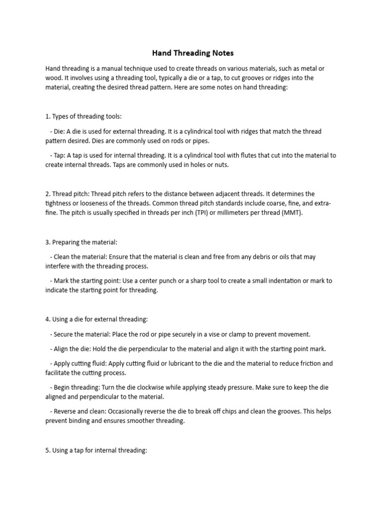 Hand Threading Notes | PDF | Tools | Metalworking Hand Threading Notes | PDF | Tools | Metalworking