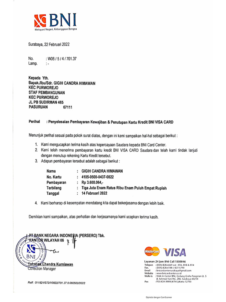 Surat Bukti Pelunasan KK BNI A.N BPK Gigih Candra Himawan | PDF