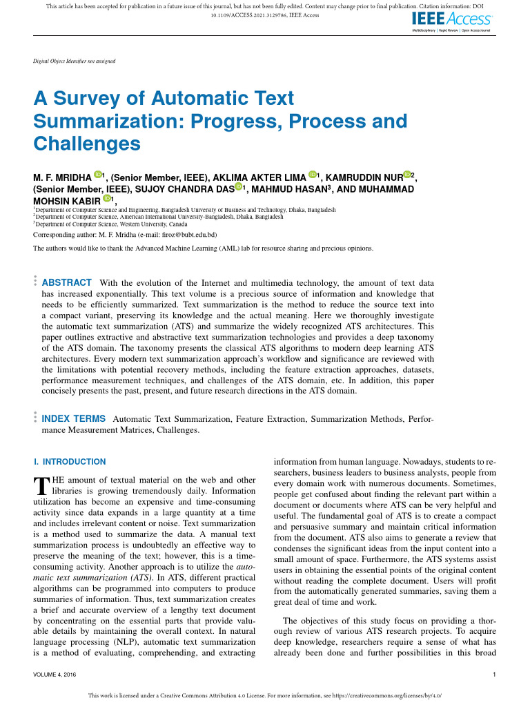 A Survey Of Automatic Text Summarization Progress Pdf Part Of Speech Information