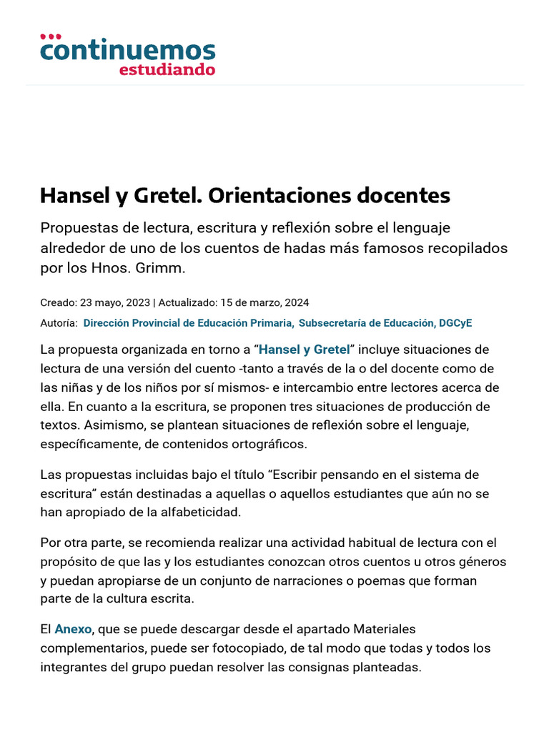 Hansel y Gretel. Orientaciones Docentes - Continuemos Estudiando 1 ...