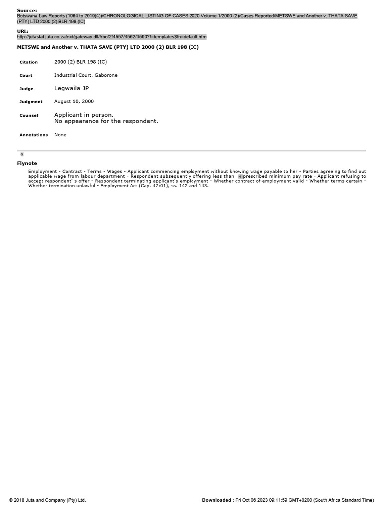 METSWE and Another v. THATA SAVE (PTY) LTD 2000 (2) BLR 198 (IC) 100446 ...