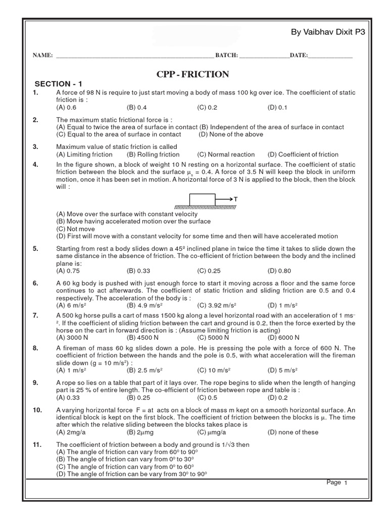 FRICTION Practice Sheet | PDF | Friction | Force