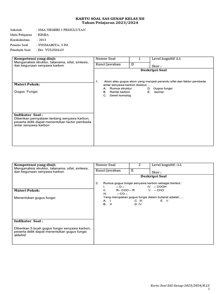 Format Kartu Soal Sas Xii 2023-2024 | PDF