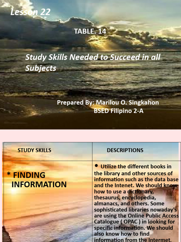 L 22Table.14StudySkillsMar.S | PDF | Information | Sleep