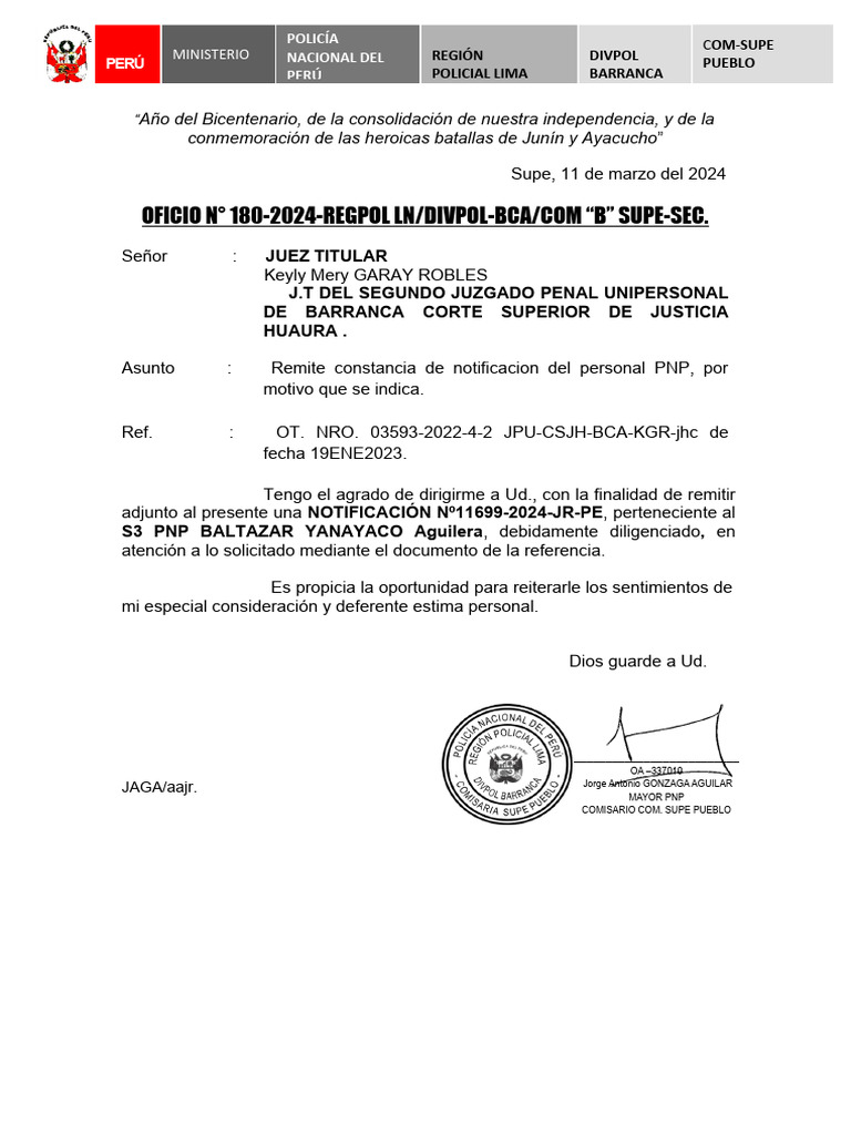 OFICIO NRO 180 - Contancia de NOTIFICACION | PDF