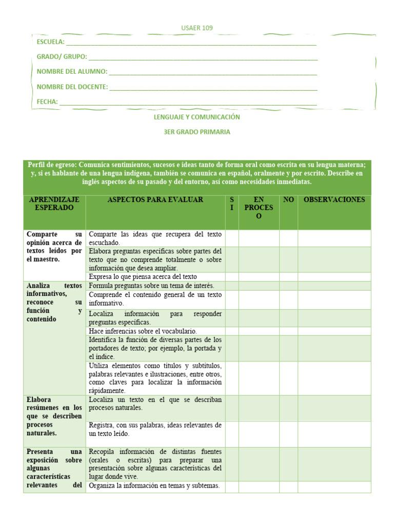 Aspectos para Evaluar 3er Grado Español | PDF | Narración | Lingüística