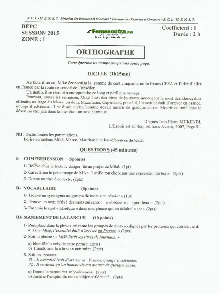612a6551a192dsujet de Dictee Et Questions Bepc 2015 Zone 1 1 | PDF