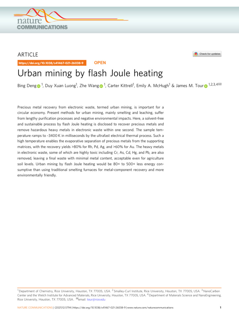 Urban Mining by Flash Joule Heating | PDF | Electronic Waste | Metals