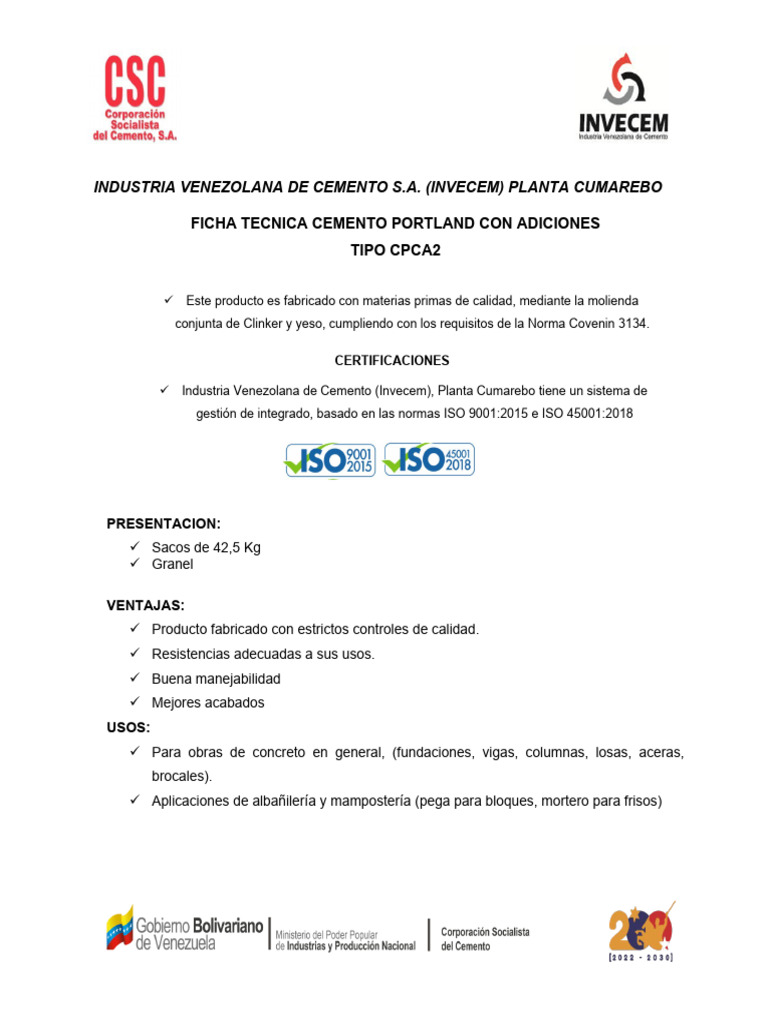 Cemento Portland CPCA2: Ficha Técnica | PDF | Cemento | Hormigón