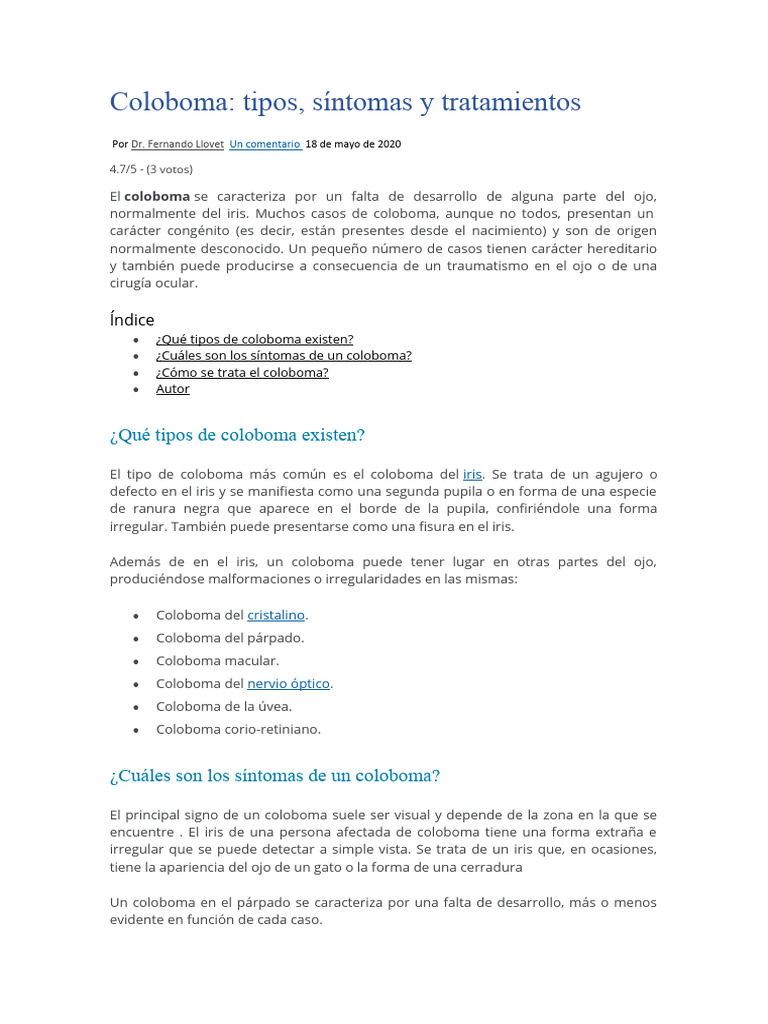 Coloboma: tipos, síntomas y tratamiento | PDF | Ojo humano | Percepción ...
