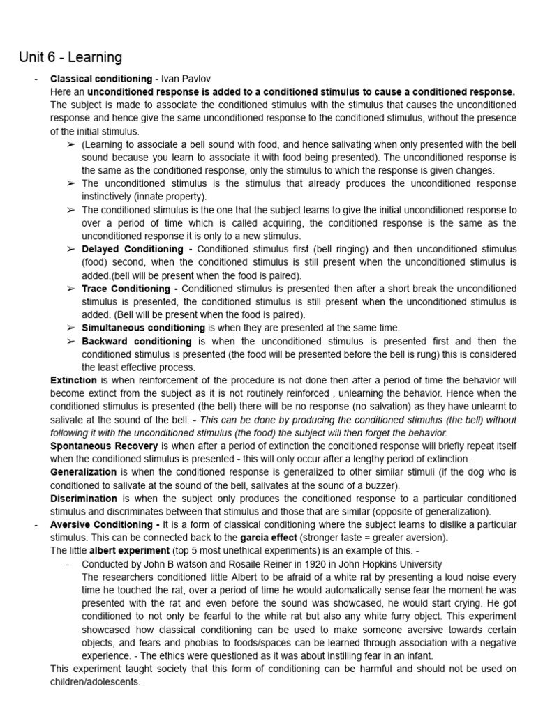 AP Psychology Unit 6 Notes | PDF | Classical Conditioning | Reinforcement