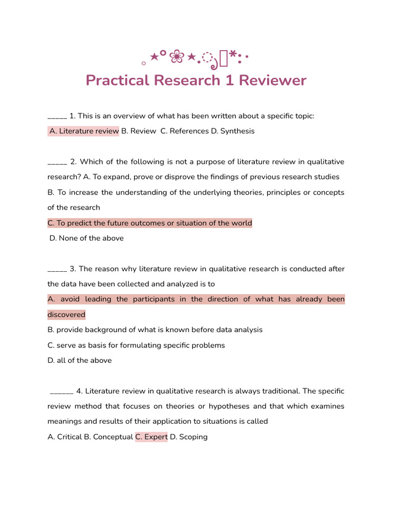 ʚ ? Practical Research 1 Reviewer ʚ ? . | PDF | Qualitative Research | Sampling (Statistics)
