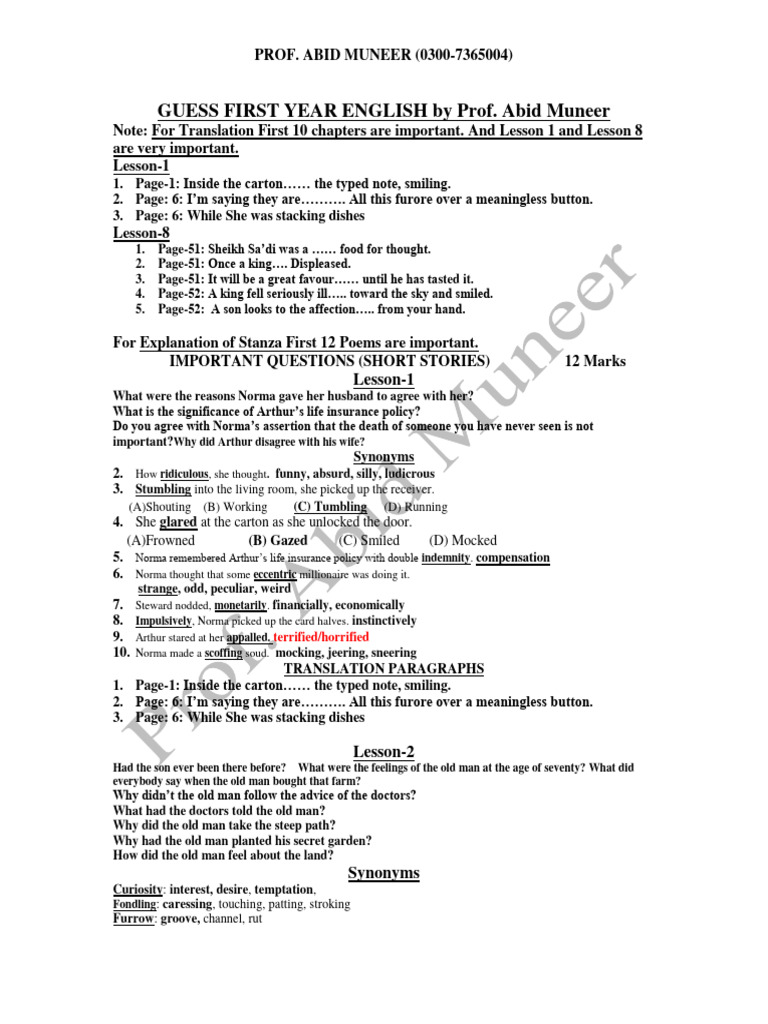 GUESS English First YearFinal by Prof. Abid Muneer | PDF