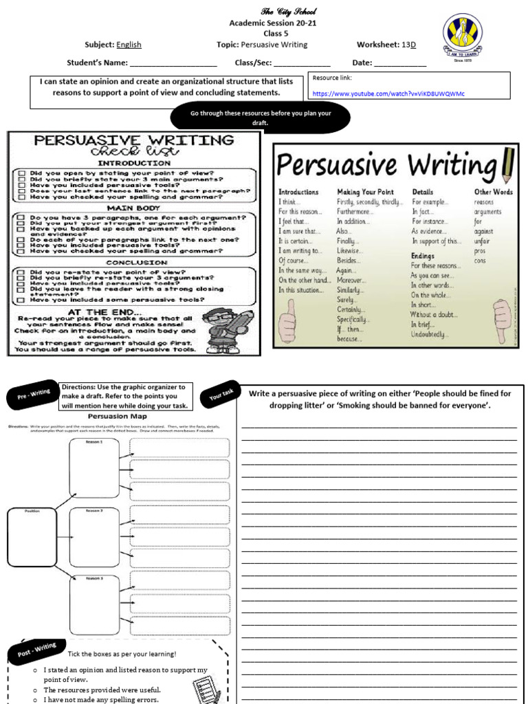 Class 5 Persuasive Writing Worksheet | PDF