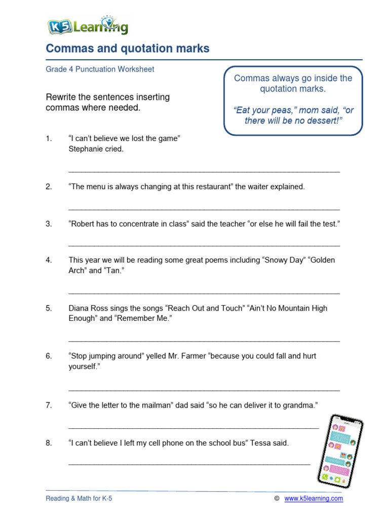Grade 4 Commas & Quotation Marks Worksheet | PDF | Linguistics | Notation