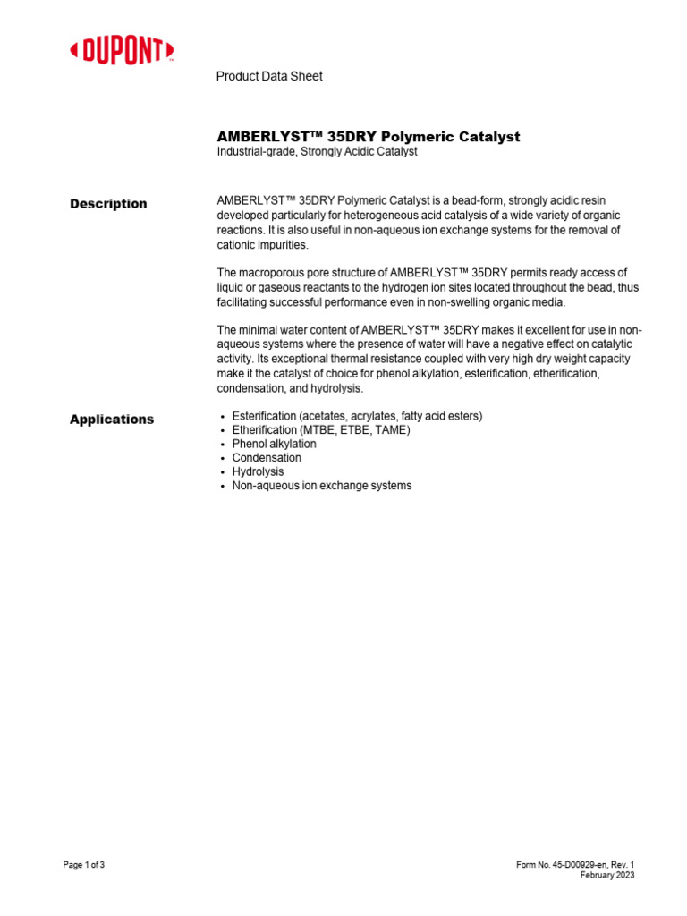 IER AmberLyst 35DRY PDS 45 D00929 en | PDF | Catalysis | Ester