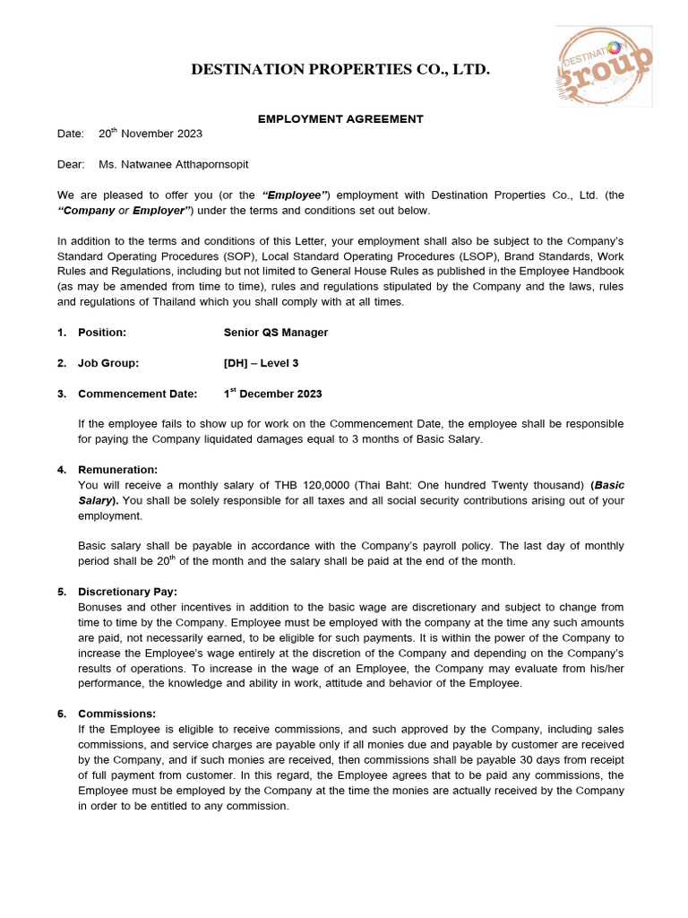DP Employment Agreement - Ms. Natwanee Atthapornsopit | PDF ...