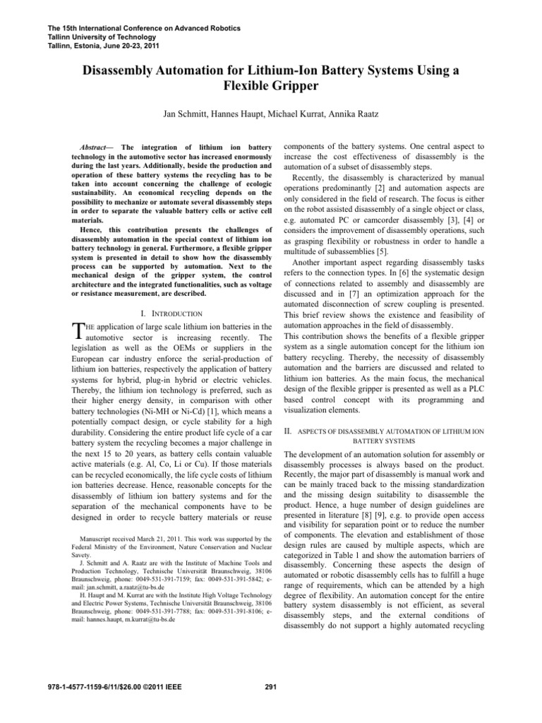 Disassembly Automation For Lithium-Ion Battery Systems Using A Flexible Gripper | PDF | Lithium ...