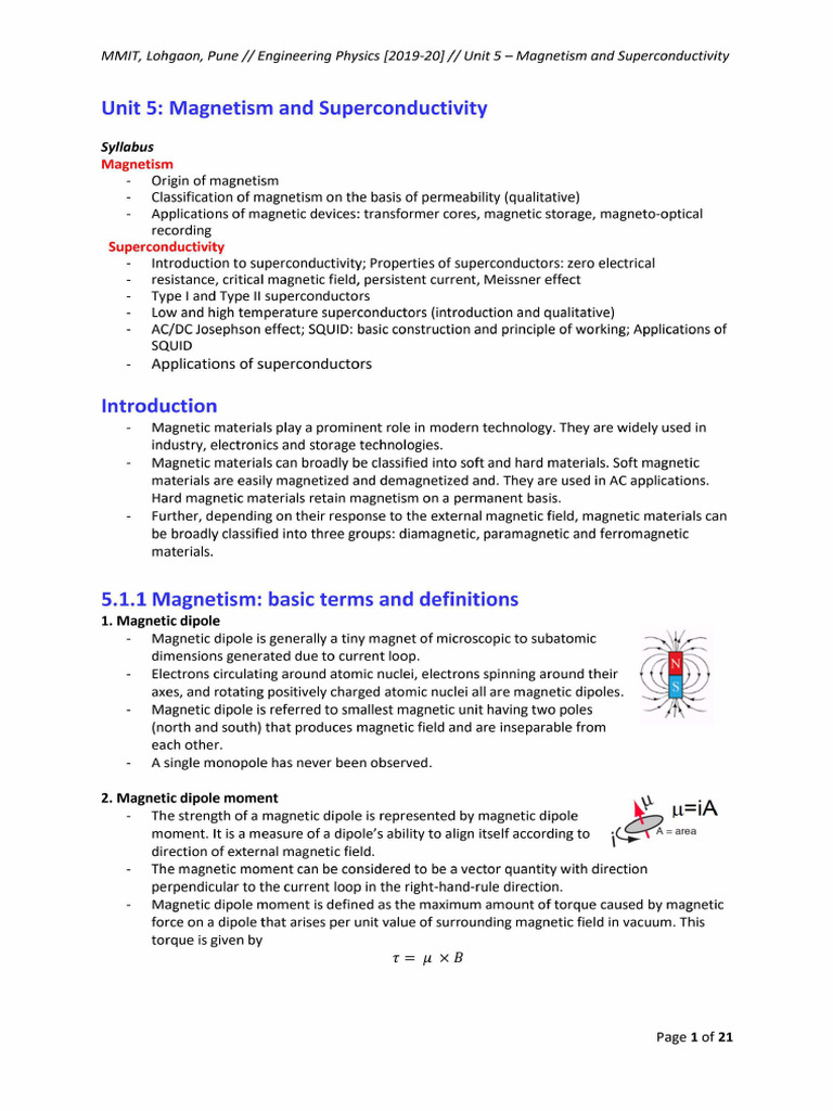Phy Unit 5 Notes Pdf Superconductivity Magnetic Field