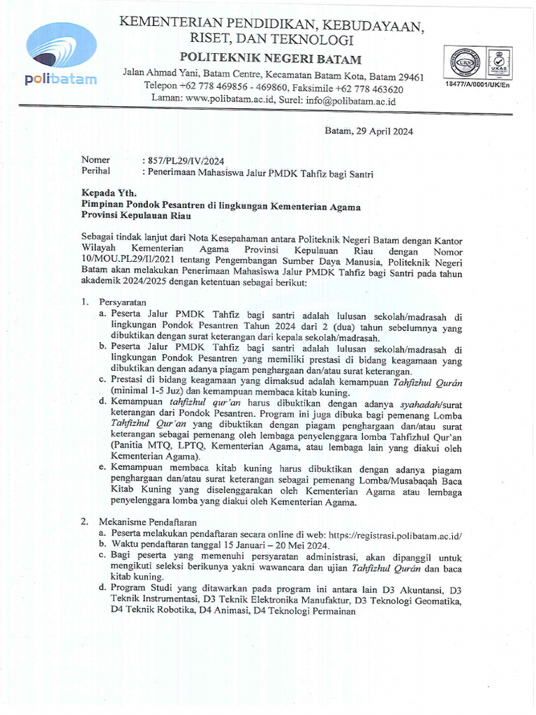 Penerimaan Mahasiswa Jalur PMDK Tahfiz | PDF