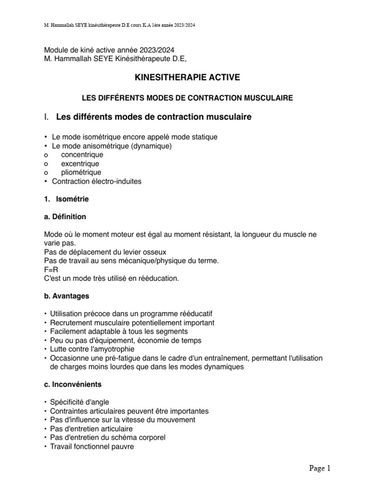 Modes de contraction musculaire en kiné | PDF | Muscle | Contraction du ...