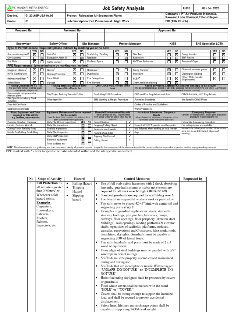 01.20.ASP-JSA-04.06 (EN) - JSA For Fall Protection at Height Work | PDF | Safety | Occupational ...