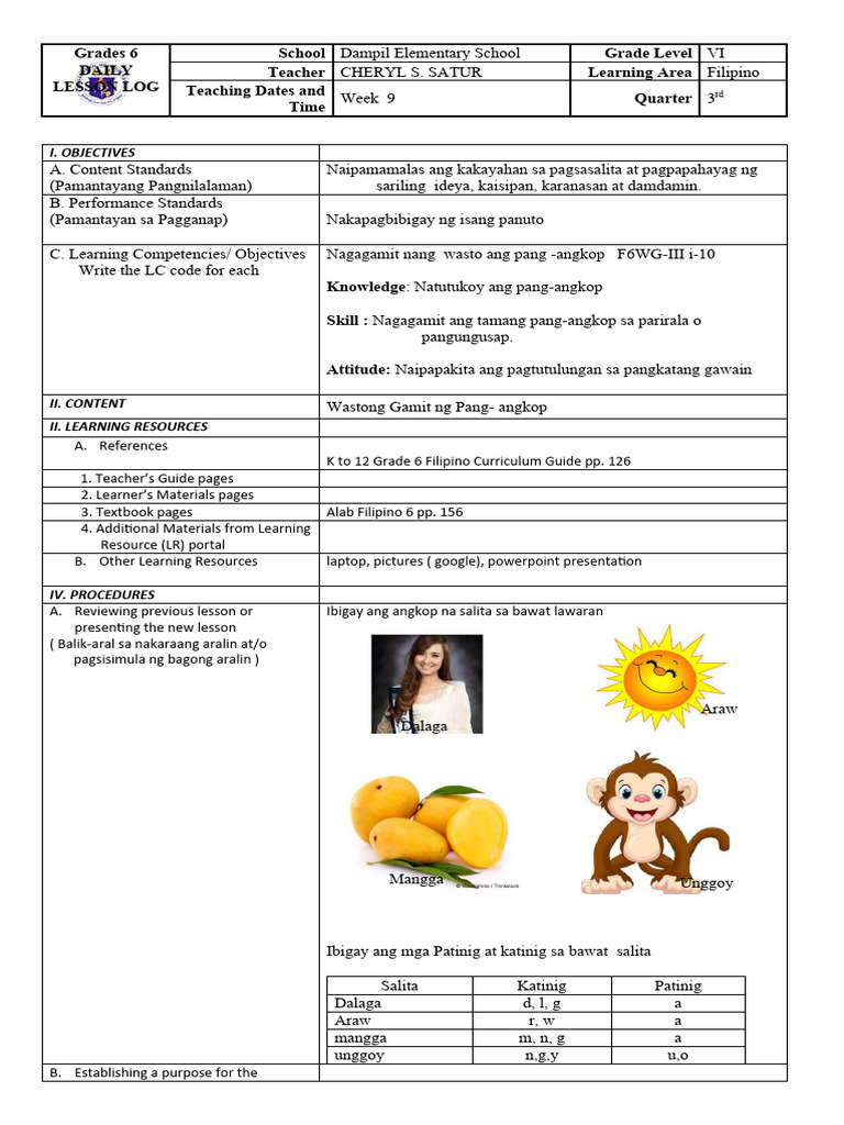 COT - DLP - FILIPINO 6 - Pang - Angkop | PDF