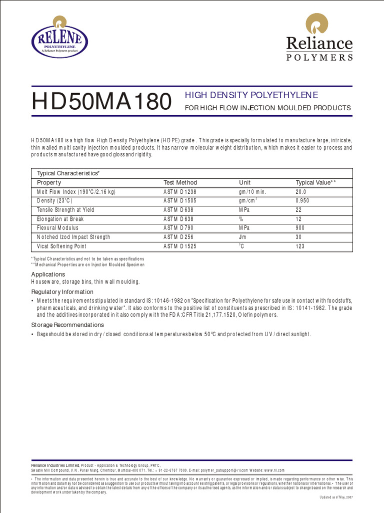 Reliance Relene HD50MA180 | PDF | Polyethylene | Materials Science