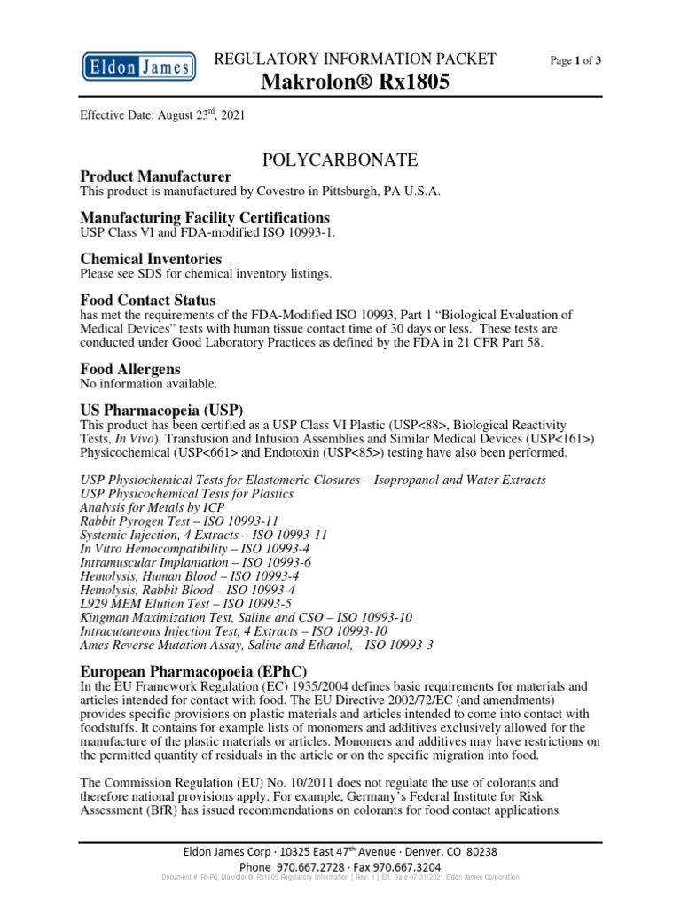 Makrolon® Rx1805 Regulatory Information 08152019 | PDF | Materials