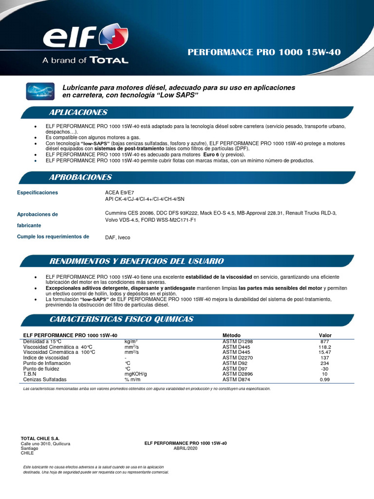 Aceite ELF Performance Pro 1000 15W-40 | PDF | Lubricante | Motor diesel