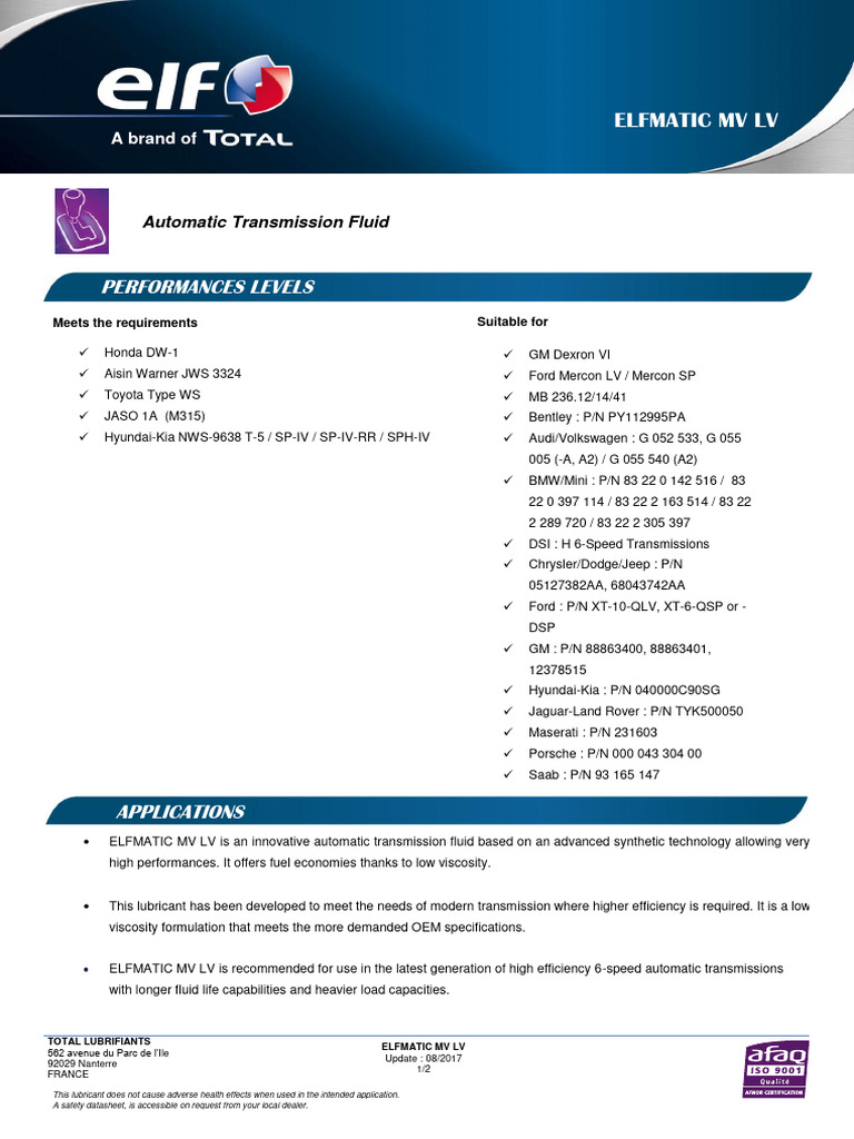FT Elfmatic MV LV | PDF | Liquids | Automotive Industry