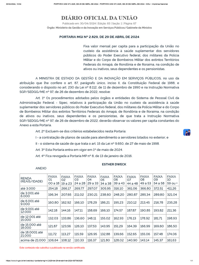 PORTARIA MGI NÂº 2.829, DE 29 DE ABRIL DE 2024 - Atualiza Valores Da Assistã Ncia Ã Saãºde ...