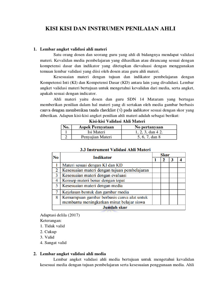 KISI KISI DAN INSTRUMEN PENILAIAN AHLI | PDF
