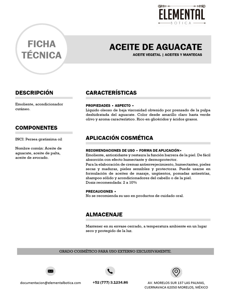 Ficha Tecnica de Aceite de Aguacate | PDF Ficha Tecnica de Aceite de Aguacate | PDF