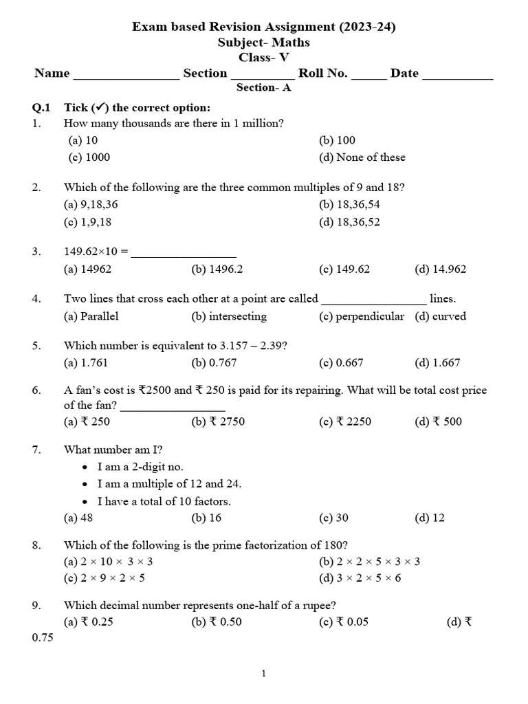 Class 5 Exam Based Revision Assignment | PDF | Elementary Geometry ...