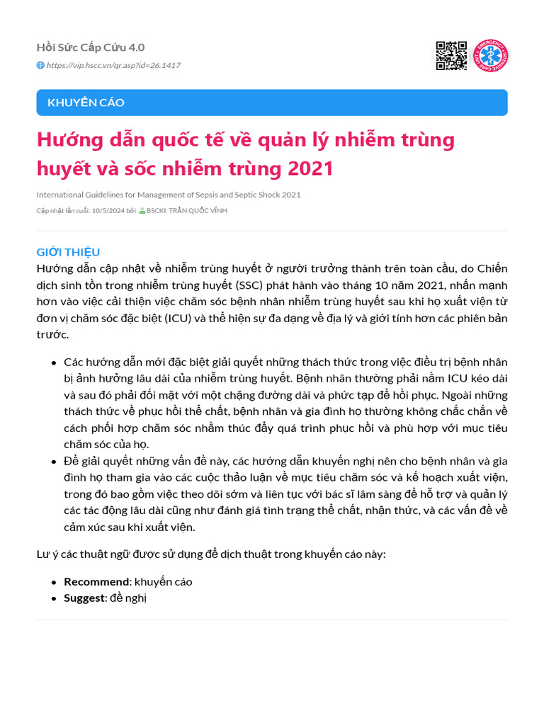 Hướng Dẫn Quốc Tế Về Quản Lý Nhiễm Trùng Huyết Và Sốc Nhiễm Trùng 2021 - HSCC.vn | PDF