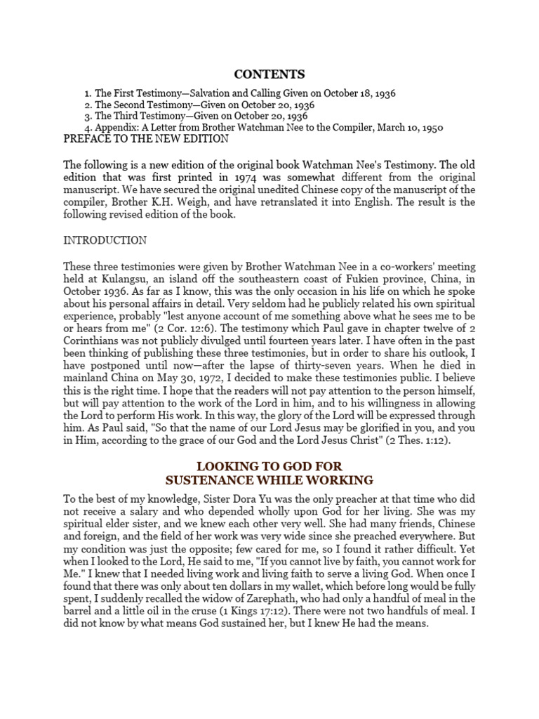 Watchman Nee S Testimony Pdf Prayer God