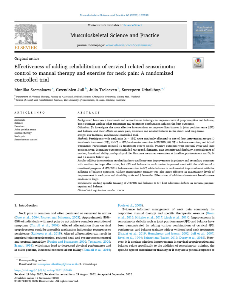 Effectiveness of Adding Rehab of Cervical Related Sensorimotor Control To Manual Therapy and ...