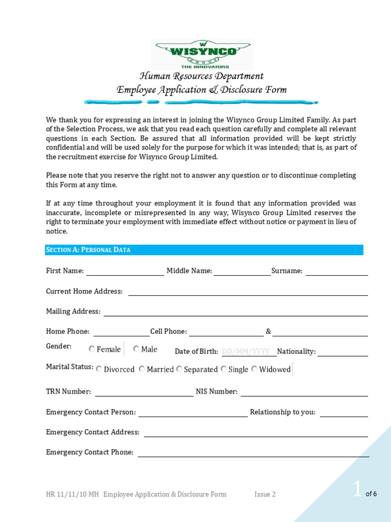 Employee Application & Disclosure Form. | PDF | Employment | Human ...
