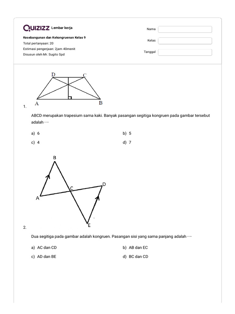 Kesebangunan Dan Kekongruenan Kelas 9 - Quizizz | PDF