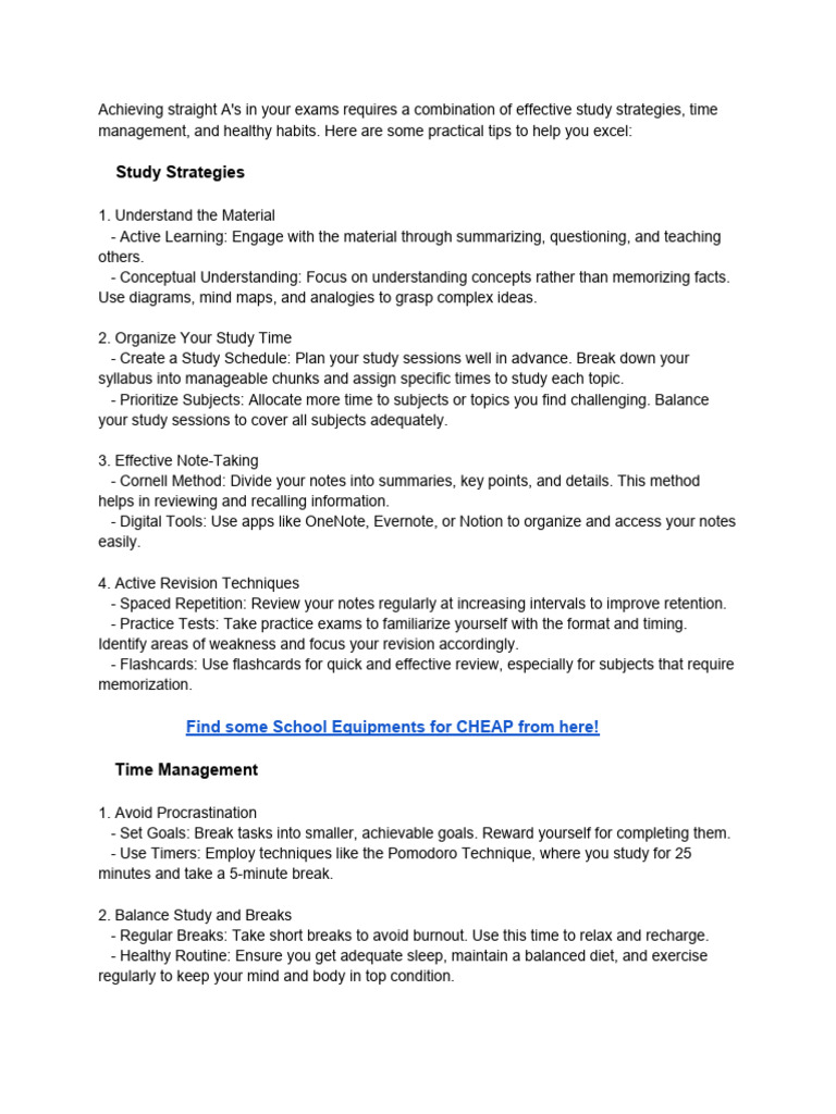 Tips for Achieving Straight A's in Exams | PDF | Cognition | Behavior ...