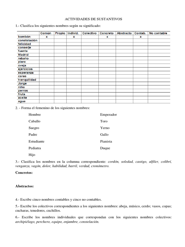 Actividades de Sustantivos | Descargar gratis PDF | Sustantivo | Adjetivo