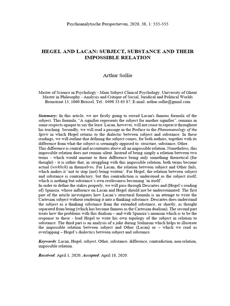 Arthur Sollie - Hegel Lacan Substance Subject and Their Impossible ...